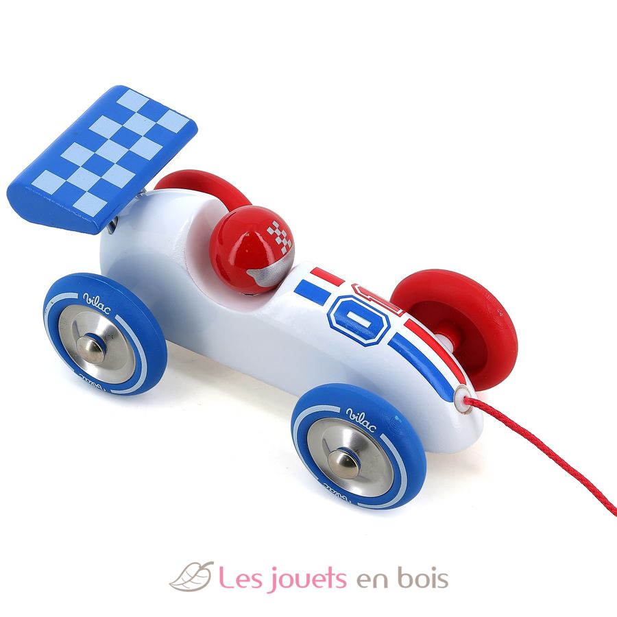 White pull along racing car Vilac - Wooden pull along toy made in France